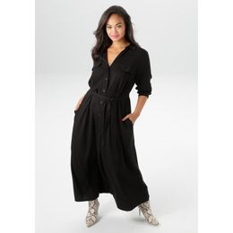 Aniston Plus Damen Aniston PLUS Blusenkleid Pattentaschen durchgekn&ouml;pftes Kleid aus weich fallender Viskose schwarz 48, N-Gr