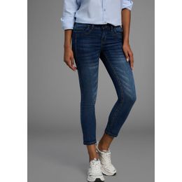 Arizona Damen 7/8-Jeans &raquo;mit Keileins&auml;tzen&laquo; extra-enger Schnitt, Used-Look-Waschung, niedrige Leibh&ouml;he blau 34, N-Gr