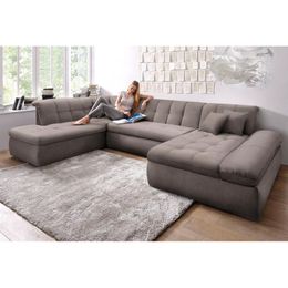 DOMO collection Wohnlandschaft &raquo;NMORIC im XXL-Format, 353x216x80 cm, inkl. Zierkissen U-Form&laquo; wahlweise mit Bettfunktion und Armlehnenverstellung grau