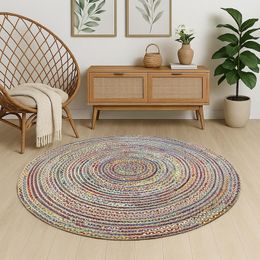 MyFlair Teppich &raquo;Boho Breeze&laquo; rund 10 mm H&ouml;he Juteteppich, handgeflochten, Wendeteppich, farbige Baumwoll-Akzente beige Baumwolle, Jute &Oslash; 150cm 1 Stk., 10mm, 