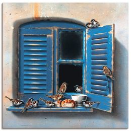 Artland Leinwandbild &raquo;Vogelbesuch II&laquo; Fenster & T&uuml;ren 1 Stk. tlg. auf Holzrahmen gespannt blau Leinwand B/H/T: 30cm x 30cm, Leinwandbild Fenster & T&uuml;ren 