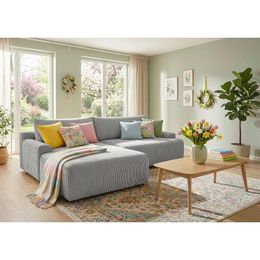 Trendmanufaktur Ecksofa &raquo;Prag, Schlafsofa mit Bettkasten, Couch in L-Form, Breite 253 cm&laquo; in Cordstoff HYPER, betongrau, Recamiere links grau 92%