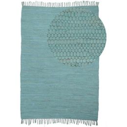 CarpetFine Teppich &raquo;Kelim Chindi uni, auch als L&auml;ufer&laquo; rechteckig 5 mm H&ouml;he Wendeteppich, reine Baumwolle, handgewebt, Uni-Farben, mit Fransen blau 