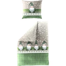 Bierbaum Bettw&auml;sche &raquo;Wichtel&laquo; 2 Stk. 100 % Baumwolle, Biber, unterschiedliche Weihnachts-Designs gr&uuml;n Biber, Obermaterial: 100% Baumwolle B/L: 155cm x