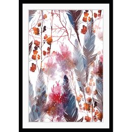 queence Bild &raquo;Ida&laquo; Blumen Blumenbilder Federn Kunst Pflanzen Pflanzenbilder HD Premium Poster-Druck inkl. Holzrahmen blau Acrylglas, Holz, Papier B/H/
