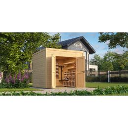 Nordic Holz Gartenhaus &raquo;Fynn 1,5&laquo; kleiner stilvoller Schuppen mit Flachdach beige Massivholz ohne Fu&szlig;boden, ohne Dacheindeckung