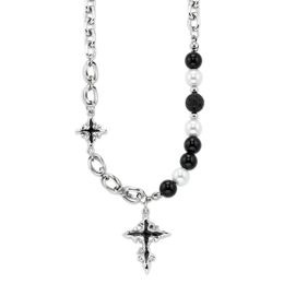 Bruno Banani Herren Kette mit Anh&auml;nger &raquo;Schmuck Geschenk Edelstahlkette mit Kreuz schwarz emalliert&laquo; mit Lavastein - mit Perle (imitiert) schwarz 