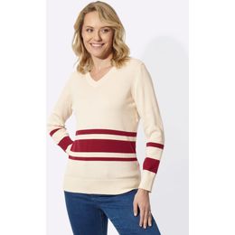 Classic Basics Damen V-Ausschnitt-Pullover "Langarm-Pullover"champagner, kirsche, Gr. 48, gemustert, gestreift, mehrfarbig, 100% Baumwolle, Pullover