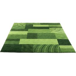 Theko Wollteppich &raquo;Royal Domas 4028&laquo; rechteckig 14 mm H&ouml;he Kurzflor, reine Wolle, handgetuftet, modernes Patchwork Design gr&uuml;n Schurwolle B : 70cm 1 