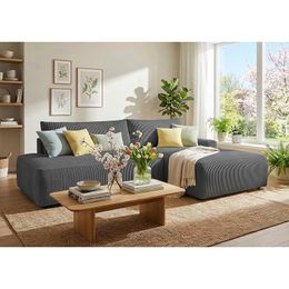 Trendmanufaktur Ecksofa &raquo;Prag, Schlafsofa mit Bettkasten, Couch in L-Form, Breite 253 cm&laquo; in Cordstoff HYPER, dunkelgrau, Recamiere rechts grau 92%