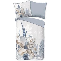 Descanso Wendebettw&auml;sche &raquo;Junte&laquo; 2 Stk. Satin, Rei&szlig;verschluss, Paspel, Biese, Wendeoptik, Luxe, Bl&auml;tter, Grau Renforc&eacute;, Obermaterial: 100% Baumwolle B/L: 155cm