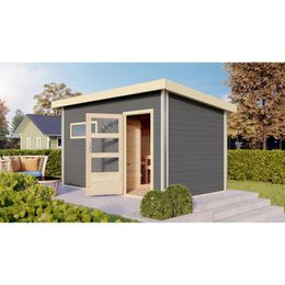 Karibu Saunahaus &raquo;&raquo;Simon 3&laquo; mit moderner T&uuml;r, terragrau&laquo; Set, Mit 9 kW Ofen Bio externe Steuerung easy grau Bio-Kombiofen, externe Steuerung, (ohne Ofen)