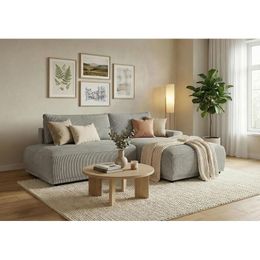 Trendmanufaktur Ecksofa &raquo;Fordon II, Schlafsofa mit Bettkasten, Couch in L-Form, Breite 250 cm&laquo; in Cordstoff HYPER, betongrau, Armlehne rechts blau 92%