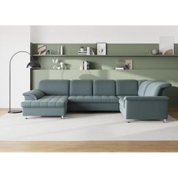 DOMO collection Wohnlandschaft &raquo;FRANZI optional mit Bettfunktion, Bettkasten & Kopfteilverstellung&laquo; U-Form, Recamiere links, eisblau, B/T: 352/206 cm 