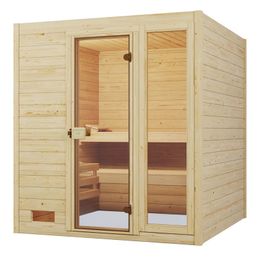 Weka Sauna &raquo;Massivholzsauna VALIDA PLUS&laquo; Blockbohlen, Fensterelement, moderne Ganzglast&uuml;r beige Saunaofen, integrierte Steuerung, 9 kW