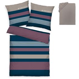Tom Tailor HOME Bettw&auml;sche &raquo;Carl in Gr. 135x200 oder 155x220 cm&laquo; 3 Stk. mit GRATIS-Zugabe: Spannbettlaken, 100% Baumwolle, mit Rei&szlig;verschluss lila 