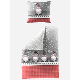 Bierbaum Bettw&auml;sche &raquo;Wichtel&laquo; 2 Stk. 100 % Baumwolle, Biber, unterschiedliche Weihnachts-Designs rot Biber, Obermaterial: 100% Baumwolle B/L: 155cm x 
