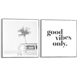 Reinders Bild mit Rahmen &raquo;Das gute Leben Vintage VW Bully - Strand - Surfen&laquo; Set, 2 Stk. tlg. schwarz MDF B/H/T: 50cm x 50cm, quadratisch, 2 Stk.
