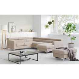 COTTA Wohnlandschaft &raquo;Sammy U-Form, B: 304 cm&laquo; Kopfteilverstellung, optional Schlaffunktion & Bettkasten grau NaturLEDER , die R&uuml;ckseite ist mit 