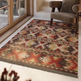 Wollteppich &raquo;Balou&laquo; rechteckig 5 mm H&ouml;he Fransen, Kelim, handgewebt, Natur, Wohnzimmer, Schlafzimmer, Ethno braun Wolle B : 140cm 1 Stk., 5mm, L: 