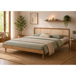 OTTO home Massivholzbett &raquo;H&auml;llevik, Kopfteil h&ouml;henverstellbar, Eiche massiv, mit Wiener Geflecht&laquo; skandinavischer Stil, Made in EU, FSC -zertifiziert,