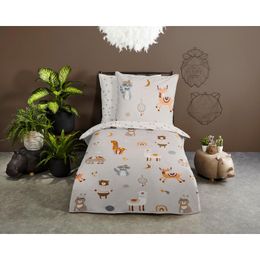 Good Morning Kinderbettw&auml;sche &raquo;Woody&laquo; 2 Stk. Baumwolle, 135x200, Rei&szlig;verschluss, Wende, Kind, Simple, Tier, Grau grau Renforc&eacute;, Obermaterial: 100% 