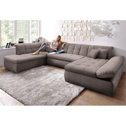 DOMO collection Wohnlandschaft &raquo;NMORIC im XXL-Format, 353x216x80 cm, inkl. Zierkissen U-Form&laquo; wahlweise mit Bettfunktion und Armlehnenverstellung grau