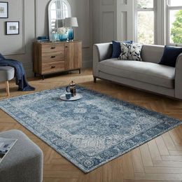 FLAIR RUGS Teppich &raquo;Antique Vintage-Muster,&laquo; rechteckig 4 mm H&ouml;he Chenille Stil Teppich, Wohnzimmer, Schlafzimmer, Esszimmer blau Baumwolle, 