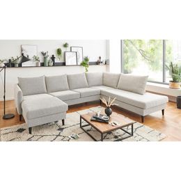 ATLANTIC HOME COLLECTION Wohnlandschaft &raquo;Rekvik U-Form&laquo; mit Wellenunterfederung, mit Massivholzf&uuml;&szlig;en beige B/H/T: 308cm x 79cm, Struktur, Recamiere 