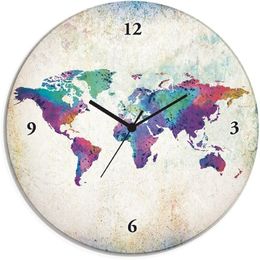 Artland Wanduhr &raquo;Glasuhr rund bunte Weltkarte&laquo; wahlweise mit Quarz- oder Funkuhrwerk, lautlos ohne Tickger&auml;usche bunt B/H/T: 30cm x 30cm x 1,8cm, Quarzuhr