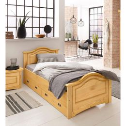 OTTO home Massivholzbett &raquo;Konrad, Stauraumbett, Messinggriffe, rustikaler Landhausstil&laquo; mit FSC -zertifiziertem Massivholz, Liegeh&ouml;he 40 cm beige 