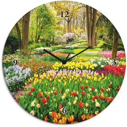 Artland Wanduhr &raquo;Glasuhr rund Tulpen Garten Fr&uuml;hling&laquo; wahlweise mit Quarz- oder Funkuhrwerk, lautlos ohne Tickger&auml;usche bunt B/H/T: 30cm x 30cm x 1,8cm, 