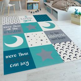 Paco Home Kinderteppich &raquo;Aleyna 101&laquo; rechteckig 6 mm H&ouml;he Kurzflor, Kinder Design, Motiv Mond & Sterne, Kinderzimmer blau Polyester B : 120cm 1 Stk., 6mm, L: 