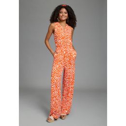 Laura Scott Damen Jumpsuit mit frischem Muster, modisch weites Bein und Knopfleiste orange 44, N-Gr