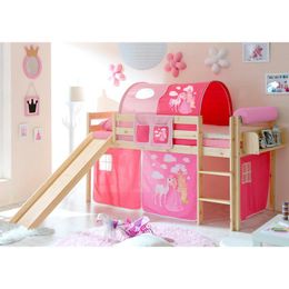 Ticaa Hochbett &raquo;Manuel&laquo; Rollrost und Textil-Set wahlweise mit Matratze, Kiefer massiv natur rosa Mit Vorhang, Tunnel und Tasche, Liegefl&auml;che B/L: 90cm x 