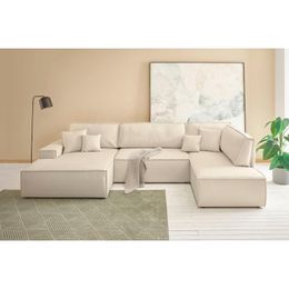OTTO home Wohnlandschaft &raquo;FINNLEY Strurktur fein U-Form XXL 329 cm&laquo; Schlafsofa, Bettkasten, in Boucl&eacute;, Struktur fein und Mega Cord beige Bezugstoff 