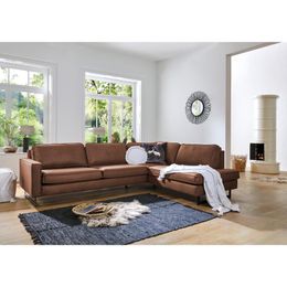 OTTO home Ecksofa &raquo;Pinto, 290 cm, Cord, Chenille, Lederoptik, Ottomane links / rechts&laquo; mit Keder, schwarze Metallf&uuml;&szlig;e, Wellenunterfederung braun Luxus