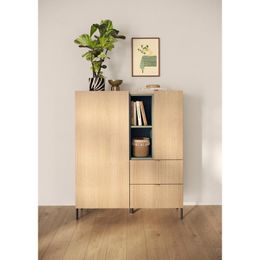 OTTO home Highboard &raquo;Badia, B/H 101/124 cm, 2 T&uuml;ren, 2 Schubk&auml;sten, Stauraumschrank&laquo; Innenliegendes Top, gerade Metallf&uuml;&szlig;e, salbeigr&uuml;ne Farbakzente 