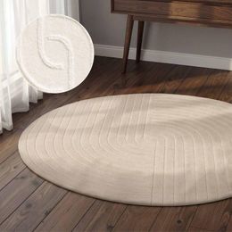 vikosa Wollteppich &raquo;Arcura&laquo; rund 15 mm H&ouml;he Wolle Handgemacht, Hoch-Tief-Effekt, Geometrisches Linien Wellendesign Wolle &Oslash; 150cm 1 Stk., 15mm, &Oslash; 150cm