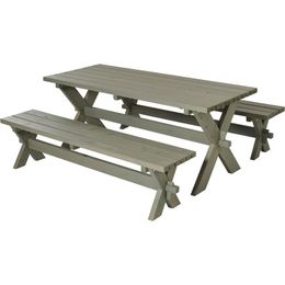 Plus Garten-Essgruppe &raquo;&raquo;Nostalgi&laquo; Plankengarnitur&laquo; 3 Stk. tlg. bestehend aus: Tisch und 2 B&auml;nke grau B/H/T: 181cm x 72cm x 177cm