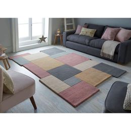 FLAIR RUGS Wollteppich &raquo;Abstract Collage, 100% Wolle&laquo; rechteckig 11 mm H&ouml;he Karo Design, Patchwork, modern, mehrfarbig, Wohnzimmer, Schlafzimmer rosa 