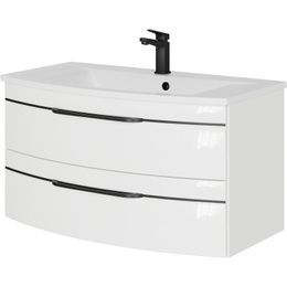 Waschtisch &raquo;Serie 7045 Mineralmarmor-Waschtisch und Unterschrank, 91 cm breit&laquo; Waschplatz mit 2 Schubladen, Badm&ouml;bel Set mit Waschtisch wei&szlig; schwarze 