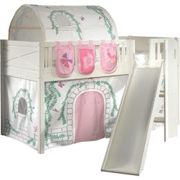 Vipack Hochbett &raquo;Scott&laquo; Made in Europe, mit schr&auml;ger Leiter, LF 90x200 cm, Vorhang, Tunnel, 4 Designs wei&szlig; 100% Baumwolle Bettmit Rutsche und Leiter, 
