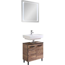 Badm&ouml;bel-Set &raquo;Quickset 374 Waschbeckenunterschrank mit LED-Spiegel&laquo; 4 Stk. tlg. braun Holzwerkstoff B/H/T: 70cmcm x 200cmcm x 33cmcm
