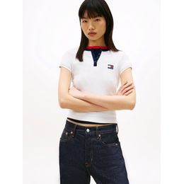 Tommy Jeans Damen Henleyshirt "TJW SLIM HENLEY BADGE SS TEE", wei&szlig;, Gr. S, unifarben mit Farbeinsatz, Single Jersey, Obermaterial: 95% Baumwolle, 5%