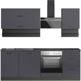 KOCHSTATION K&uuml;chenzeile &raquo;KS-Frieda Breite 220 cm&laquo; wahlweise mit E-Ger&auml;ten, mit 38mm starker Arbeitsplatte grau B/H/T: 220cm x 200cm x 60cm, ohne E-
