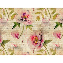 Livingwalls living walls Fototapete &raquo;The Wall&laquo; floral gebl&uuml;mt nat&uuml;rlich glatt Fototapete Vintage Tapete Blume Tapeten Wohnzimmer Design Kinderzimmer beige Vinyl, 