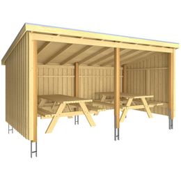 Plus Gartenhaus &raquo;Nordic&laquo; Picknickh&uuml;tte 9,5 m&sup2; inkl. Picknicktische, Dachpappe/Aluleisten/H-F&uuml;&szlig;e beige Holzwerkstoff Einheitsgr&ouml;&szlig;e