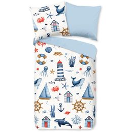 Good Morning Kinderbettw&auml;sche &raquo;Ahoy&laquo; 2 Stk. 100% Baumwolle, Rei&szlig;verschluss, Wendeoptik, Baby, Kind, Maritim blau Renforc&eacute;, Obermaterial: 100% 
