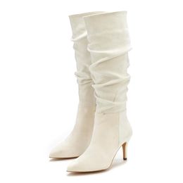 Lascana Damen Lascana Rei&szlig;verschlussstiefel &raquo;Langschaft, High-Heel Stiefelette, Slouchy Boots, Stiefel,&laquo; mit elegant modischer Raffung beige 41